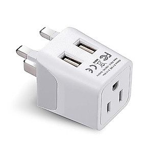 Ceptics UK Travel Adapter Plug - with 2 USB + USA Socket Input - Type G - Ultra Compact - Safe Grounded Perfect for Cell Phones, Laptops, Camera Chargers