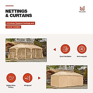 MELLCOM 12x20 Patio Gazebo, Double Soft-Roof Gazebo Tent with Curtains and Netting, Patio Canopy for Outdoor Event, Patio, Lawn & Garden, Beige