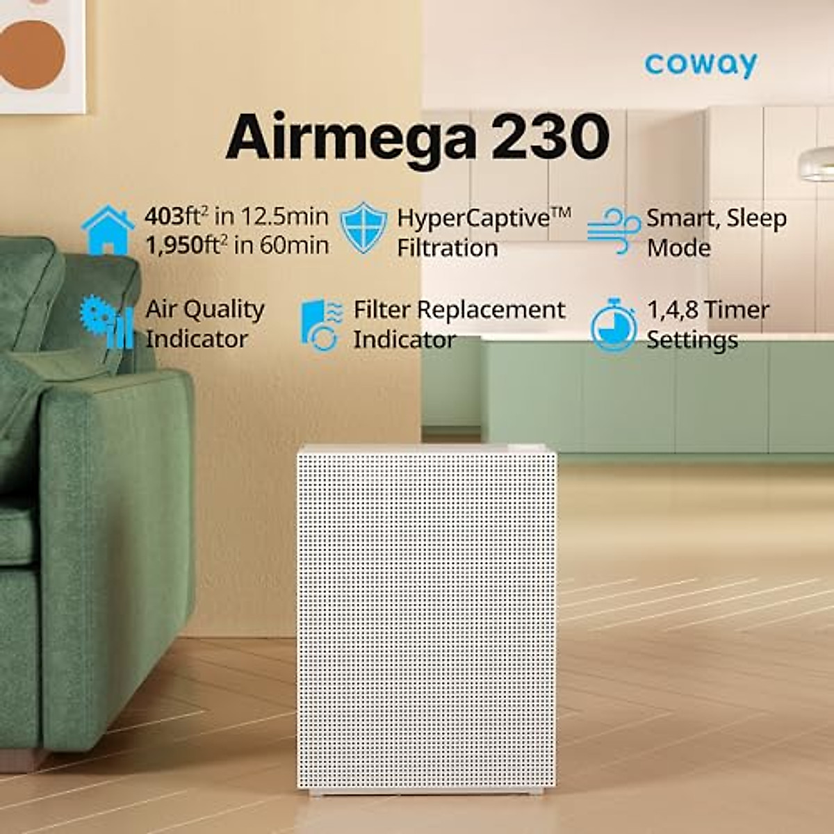 Coway Airmega 230 True HEPA Air Purifier with Air Quality Monitoring, Auto, and Filter Indicator, Dove White