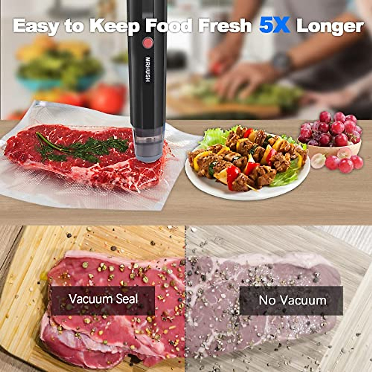 Handheld Vacuum Sealer for Food, Upgrade Rechargeable Mini Automatic Food Vacuum Sealer Machine with 12Pcs Reusable Sous Vide Bags for Fresh & Save