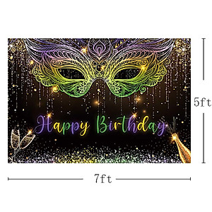 MEHOFOND 7x5ft Mardi Gras Theme Backdrop Masquerade Happy Birthday Party Background Purple Green Gold Mask Dancing Prom Party Photo Booth for Wedding Bachelorette Party Decorations Banner