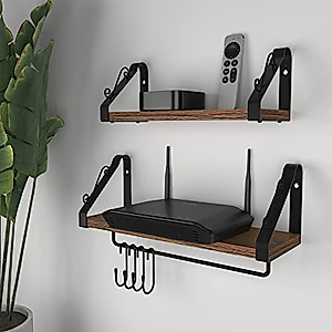 Ditwis Wall Shelves Set of 4, Rustic Storage Wood Floating Shelves with Towel Bar and Removable Hooks for Bathroom,