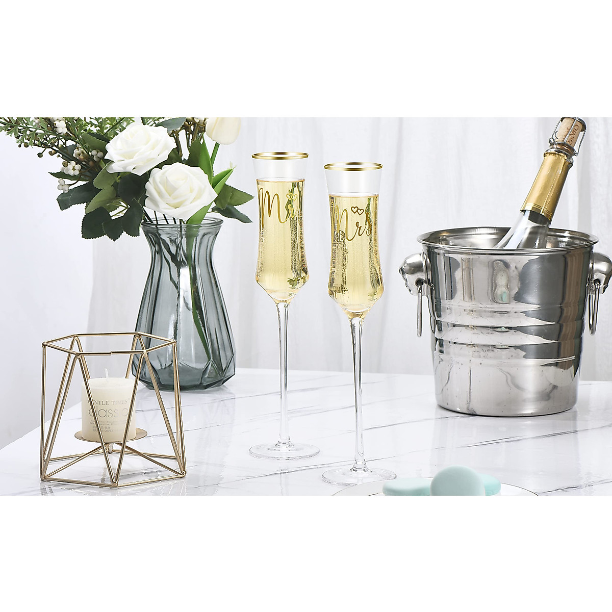 ROXBURGH Champagne Flutes Glasses Set of 2, Hand Blown Crystal Wedding Toasting Flutes for Bride and Groom, Long Stem Mr and Mrs Champagne Glasses for Wedding Engagement Anniversary Christmas Gifts