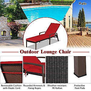 RELAX4LIFE Outdoor Chaise Lounge Chair - 5-Position Adjustable Rattan Pool Chair w/Cushion, Recliner Chair, Metal Frame, Reclining Wicker Lounger for Balcony, Beach, Patio Lounge Chair (Red)