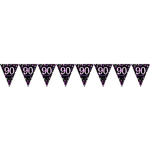 amscan 9901756 90th Birthday Glittery Pink Plastic Pennant Bunting-4m x 20cm-1 Pc