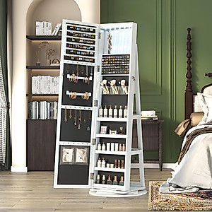 LVSOMT LED Mirror Jewelry Cabinet Standing, 360° Swivel Jewelry Organizers and Storage, Farmhouse Mirror with Jewelry Storage, Lighted Jewelry Armoire with Full Length Mirror (Pure White)