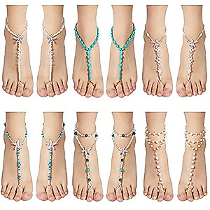 Hicarer 12 Pieces Feet Jewelry Barefoot Sandals Toe Rings Foot Chains Starfish Faux Pearls Elastic Beaded Turquoise Anklet Chains Jewelry with Rhinestone Ring for Women Wedding Beach Wearing