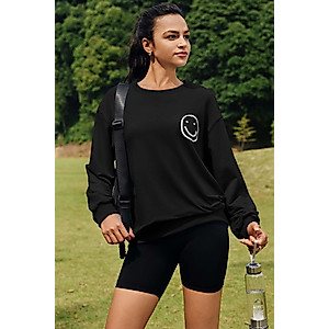 ReachMe Womens Cute Graphic Crewneck Sweatshirts Fashion Smile Pullover Tops Casual Loose Happy Face Sweatshirt(2 Black,M)