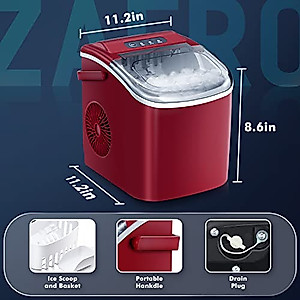 Ice Maker Countertop 9 ice Cubes Ready in 6 Mins with Handle, Portable Ice Machine with ice Scoop and Basket Self-Cleaning Ice Makers, Up to 26 lbs for Home Kitchen Office Bar Party（RED