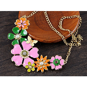 Alilang Womens Golden Tone Faux Pearl Floral Pink Multicolor Enamel Flower Bib Statement Necklace