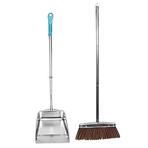 Amosfun Heavy Duty Broom and Dustpan Set, Stainless Steel Broom and Dustpan Set with Long Handle for Home Standing Dust Pan Indoor or Outdoor Brooms Dustpan