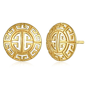MORGAN & PAIGE Sterling Silver Greek Earrings, Greco Design Gold Stud Earrings with Laser-Cut Detailing, 18K Gold Plated Circle Earrings, Greek Jewelry Gifts for Women