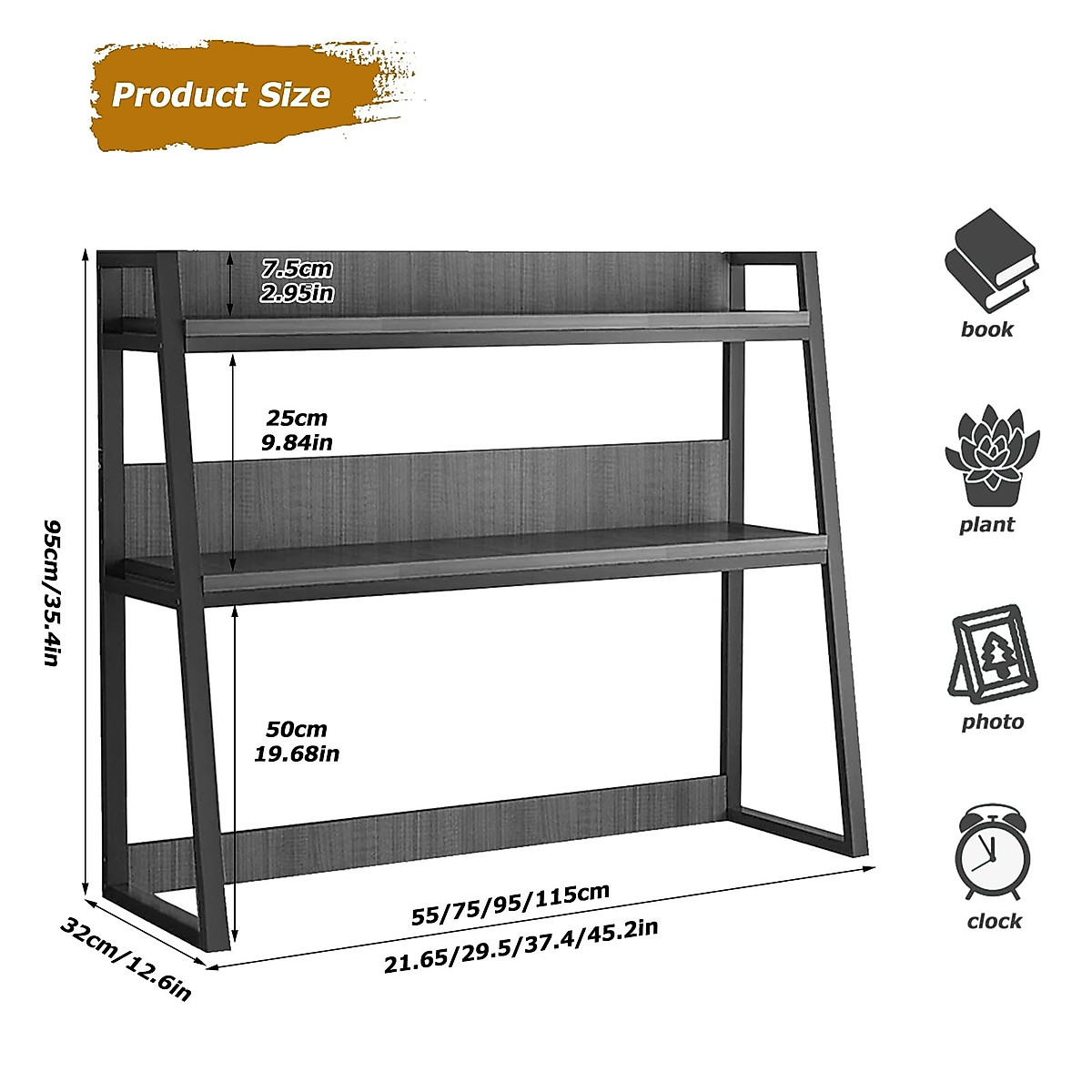 FPIGSHS Ladder Bookcase for Computer Desktop, 2-Tier Multipurpose Countertop Hutch Bookshelf, Multi-Function Storage Display Shelf Organizer Rack for Home Dorm Office Supplies (115CM)