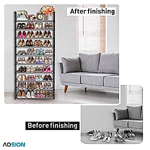 AOSION 10 Tier Shoe Rack,Shoe Rack for Closet 30-50 Pairs Tall Shoe Rack Organizer with Hooks Large Shoe Rack with Removable,Space Saving Shoe Shelf,Non-Woven Fabric Shoe Tower,Grey