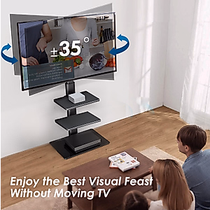FITUEYES Floor TV Stand for 32 39 40 43 49 50 55 60 Inch TVs, TV Floor Stand with Swivel Mount, Max Holds 66lbs, White Glass Base, Height Adjustable TV Mount for Corner & Bedroom (With 2 Shelf, Black)