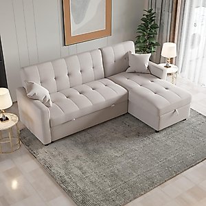 JACH Reversible Sectional Sleeper Sofa, 82'' Wide Pull-Out Sofa Bed with Storage, L-Shape Chaise, 3 in 1 Design Convertible Loveseat for Living Room Small Apartment (Light Gray) (7047)