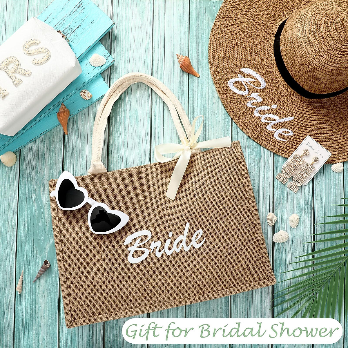 Silkfly 6 Pcs Bridal Shower Gifts Set Summer Bachelorette Party Accessories Bride Beach Bag Sun Hat Heart Sunglasses Rhinestone Bride Earrings MRS Cosmetic Bag for Beach Bride Wifey Wedding Gifts