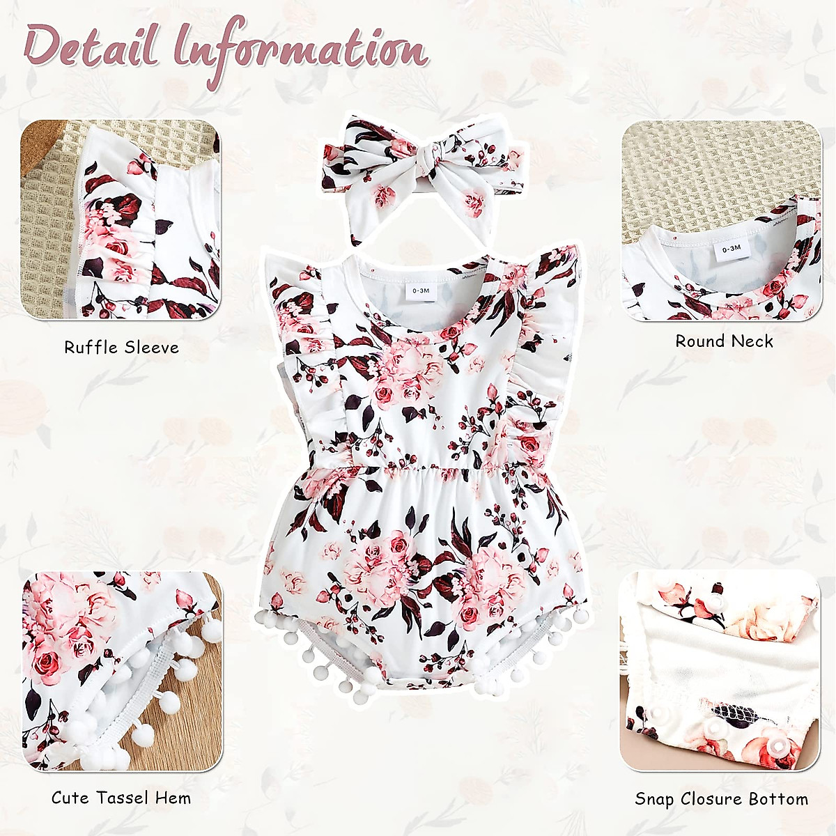 Hascloth Newborn Baby Girl Romper Infant Tassel Bodysuit Floral Dress Shorts Jumpsuit Ruffle Sleeveless Summer Clothes Outfit Set Brown 3-6Months