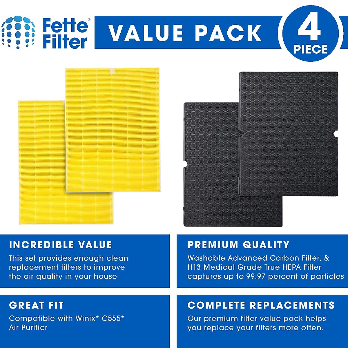 Fette Filter - 116131 Premium True HEPA H13 Replacement Filter I Compatible with Winix C555 Air Purifier 2 Ture HEPA H13 Filters + 2 Enhanced Activated Carbon Filter Compare to Winix 116131 Filter I