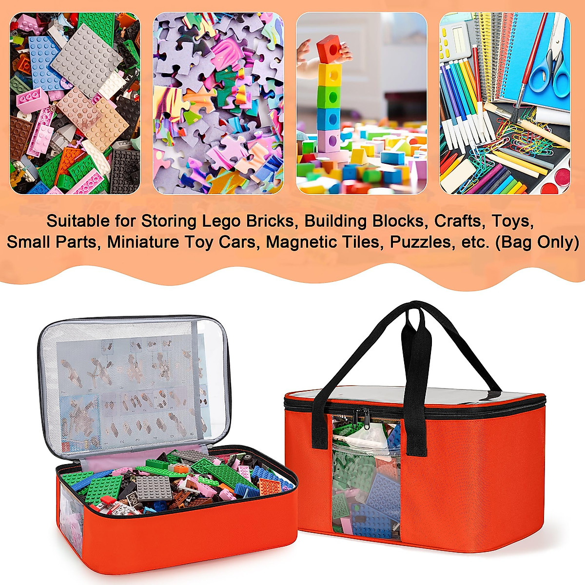 Rexmica 2pcs Large Toy Storage Organizer Bag Compatible with Lego Bricks, Construction Toy Travel Bag for Toy Interlocking Gear, Stacking Block, Building Blocks, Magnetic Tiles, Toy Cars, Orange