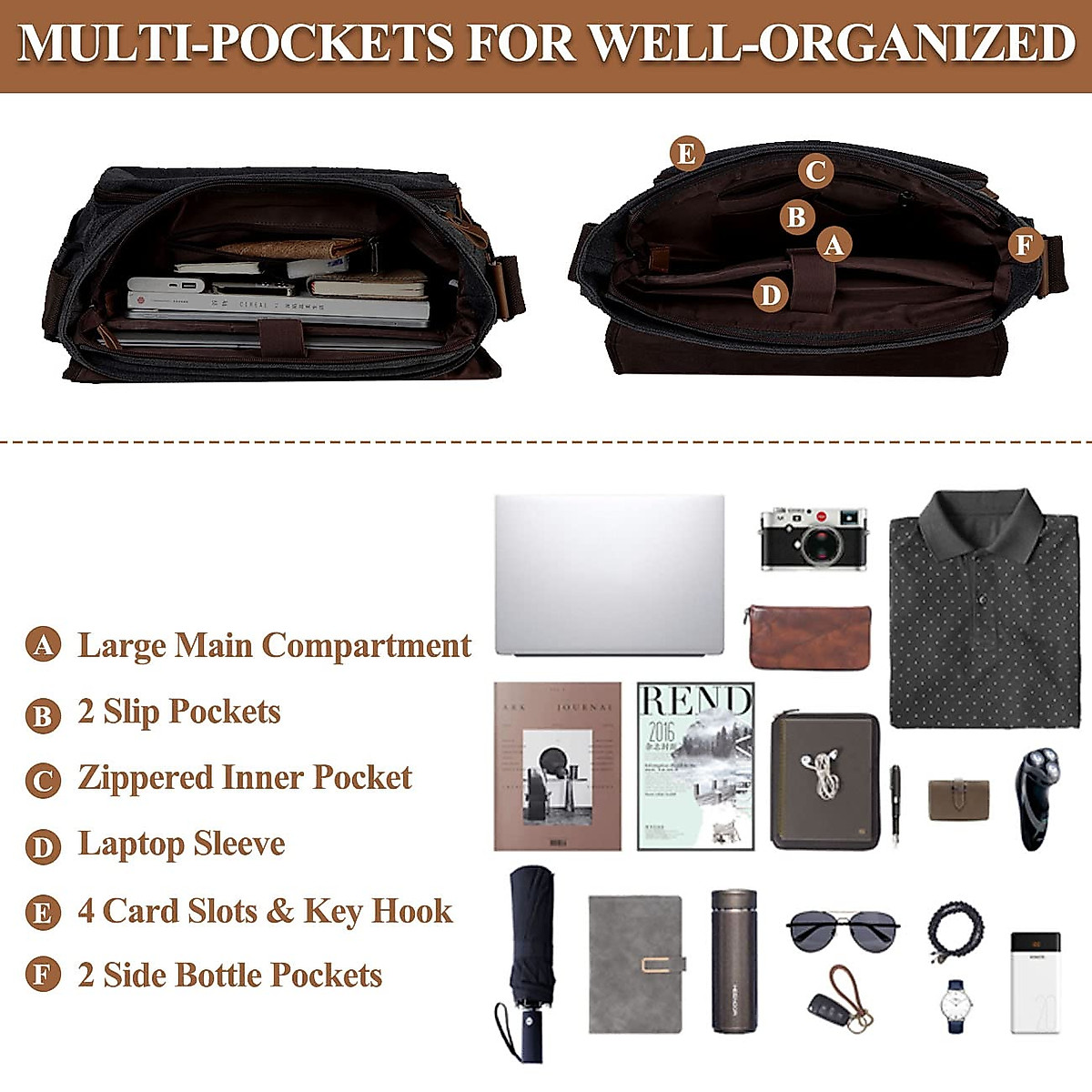 VASCHY Messenger Bag for Men, Canvas Water Resistant Briefcases 15.6in Laptop Bag Crossbody Satchel Computer Bags for Work Office Bag for Women Dark Gray