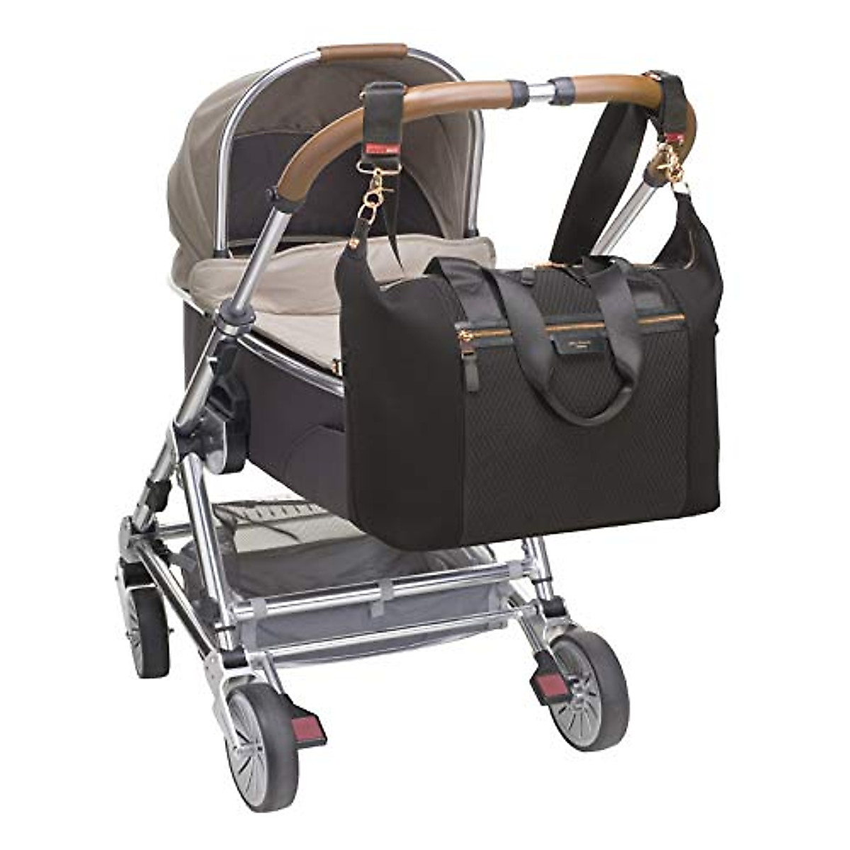 Stevie Luxe Scuba Black Modern Style Baby Diaper Bag by Storksak | Water-Resistant, Large Capacity Multi-Functional Bag with Smooth Leather Trim and Rose Gold Hardware | Shoulder and Stroller Straps