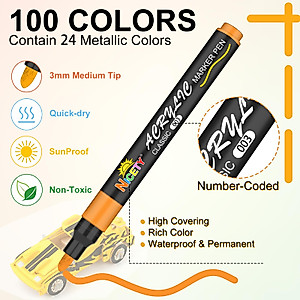 NICETY 100 Colors Acrylic Paint Pens Paint Markers, 3mm Medium Tip Paint Markers for Rock Painting, Canvas, Wood, Stone, Ceramic, Glass, Fabric, DIY Crafts & Art Supplies