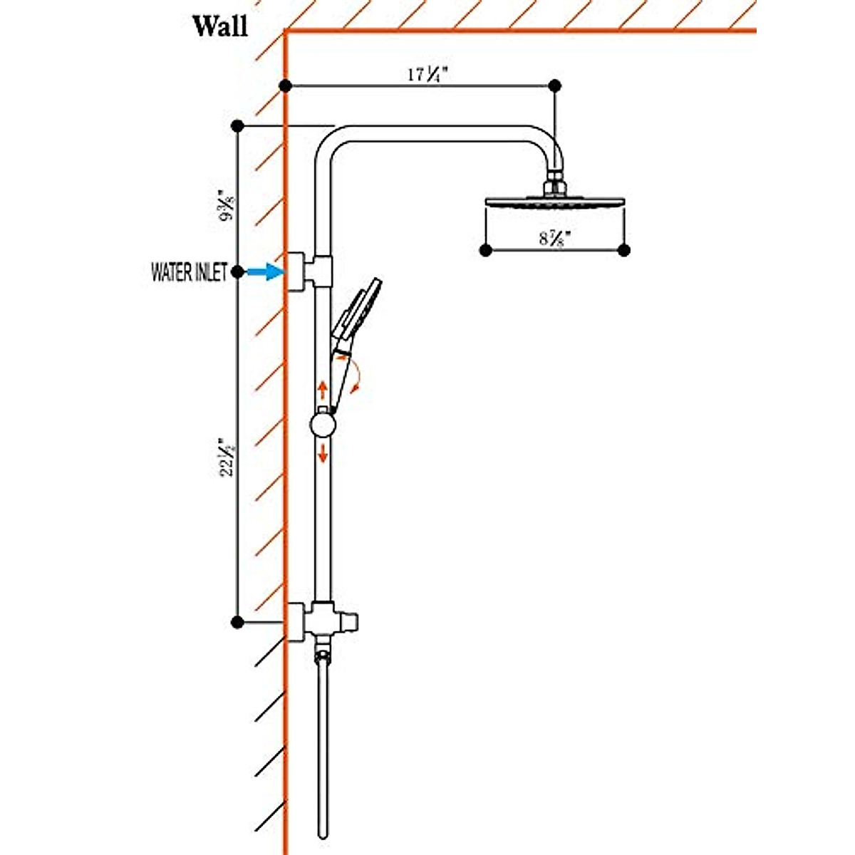 BRIGHT SHOWERS Rain Shower heads system including rain fall shower head and handheld shower head with height adjustable holder, solid brass rail 60 inch long stainless steel shower hose, Chrome