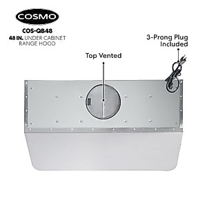 COSMO COS-QB48 Under Cabinet 48 in. Range Hood | 500 CFM, Ducted/Ductless Convertible (Kit Not Included), Push Button, Kitchen Stove Vent Light, Permanent Filter, Stainless Steel