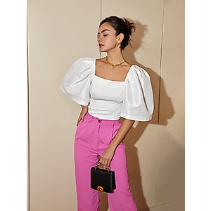 Floerns Women's Square Neck Puff Short Sleeve Elegant Blouse Crop Top White L