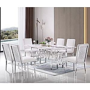 AZhome Modern Dining Table, 78 inches Rectangular Dining Room Table for 6, White Rectangle Tabletop with Silver Mirror Stainless Steel Geometric Base