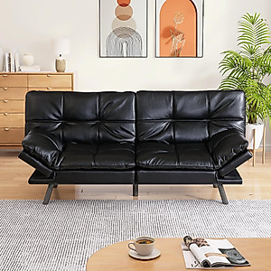 AMICLIBER Memory Foam Faux Leather Futon Sofa Bed Couch,Convertible Futon Sofa Couch,Loveseat Sleeper Sofa Bed,Small Splitback Modern Sofa Bed for Living Room,Office,Apartment,Bright Black