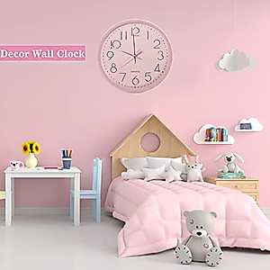 JUSTUP Round Wall Clock, 12 Inch Pink Large Wall Clock for Bedroom, Quality Quartz Modern Silent Clock with Battery Operated, Arabic Quiet Wall Clock Decor for Home Kitchen Living Room Office (Pink)