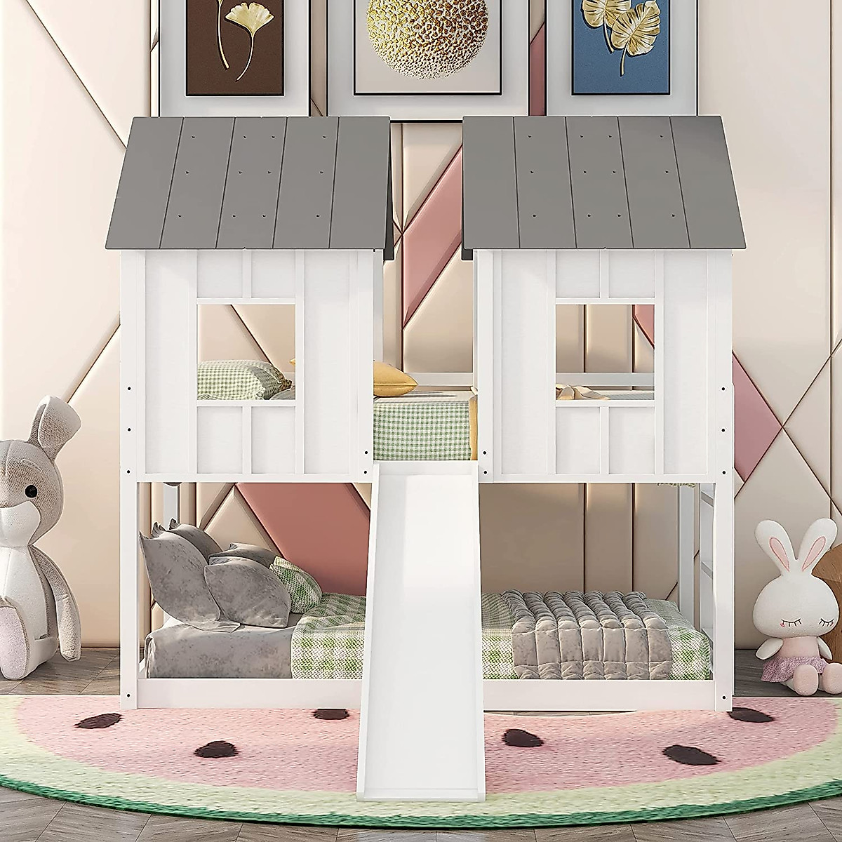 MERITLINE Twin Over Twin Bunk Beds with Slide, House Bunk Bed for Kids with Roof and Windows,Wood Floor Bunk Beds with Guard Rails, Toddlers Bunk Beds for Girls Boys (White)