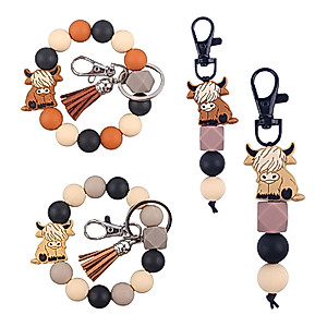 Cowgirl Cowboy Gifts Wristlet Keychain Bracelet Retro Cute Highland Cattle Silicone Bead Tassel Keyring Pendants Charm Accessories for Women Bag Car Key Western Country Cow Yak Jewelry