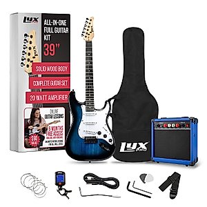 LyxPro 39 inch Electric Guitar Kit Bundle with 20w Amplifier, All Accessories, Digital Clip On Tuner, Six Strings, Two Picks, Tremolo Bar, Shoulder Strap, Case Bag Starter kit Full Size - Blue