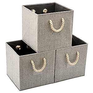 EZOWare Set of 3 Storage Baskets Cubes Bins with Cotton Rope Handle, Collapsible Boxes Organizer Container - Gray for Nursery toys Household items -13inch