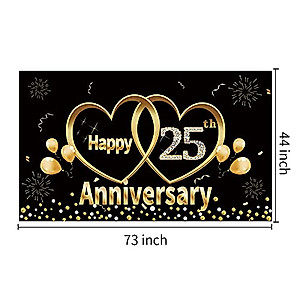 Happy 25th Anniversary Banner Backdrop Decorations - Large 25 Year Wedding Anniversary Party Supplies Décor - Black Gold 25 Anniversary Poster Sign for Outdoor Indoor