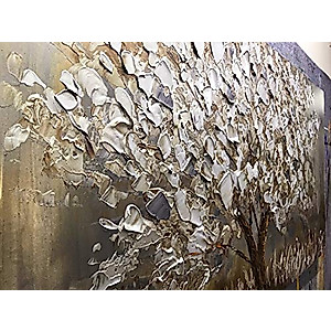 Boiee Art,24x48Inch Textured Hand Painted Canvas Paintings Silver Leaves Abstract Tree 3D Oil Paintings Landscape Artwork Modern Home Decor Wall Art Wood Inside Framed Hanging Wall Décor