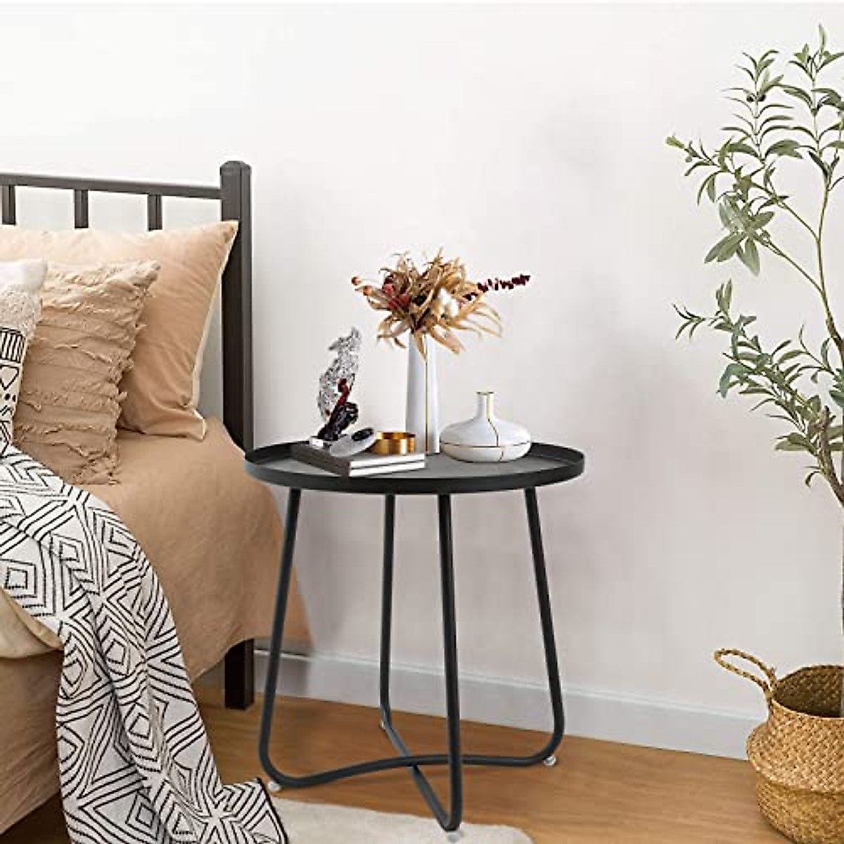 ECOMEX Patio Side Table, Outdoor Indoor End Table Metal Side Table Waterproof Round Metal End Table Weather Resistant Round End Table for Bedroom Living Room Patio Garden Balcony Yard Porch, Black