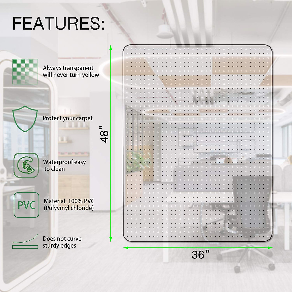 100pointONE Office Chair Mat for Carpets - Transparent Thick Floor Mats for Low, Flat and No Pile Carpeted Floors, with Grippers (48'' X 36'' Rectangle)