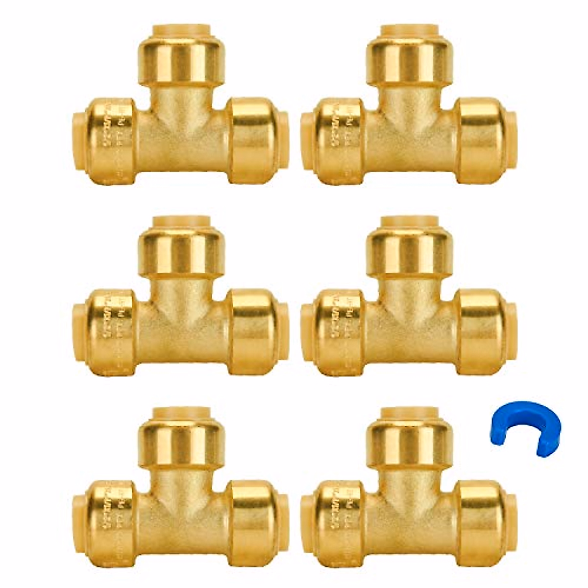 SUNGATOR Pushfit 1/2" Tee Fittings, Plumbing T Fittings 1/2 Inch, No Lead Brass Push to Connect Fittings, Push Pex Fittings Tee for PEX, Copper, CPVC Transition, with 1 Disconnect Clip, Pack of 6