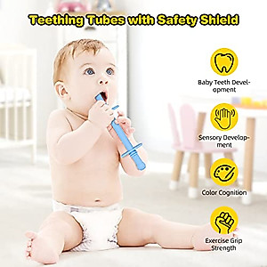 Fu Store Hollow Teether Tube Chew Straw Toy for Infant Toddlers Silicone Tubes Teething Toys for Babies 3-12 Months BPA Free/Freezable/Dishwasher and Refrigerator Safe (5 Pack)