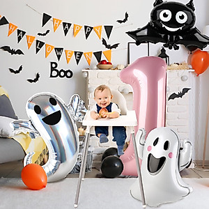 Dripykiaa 16Pcs Spooky One Balloon Set 40" Pink One Year Old Balloon Bouquet for First Birthday Bat Ghost Foil Helium Balloons Birthday Helloween Party Decorations Party Supplies Backdrops for Girl