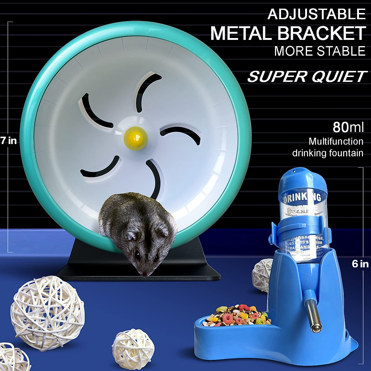 Hamster Silent Wheel, Super-Silent Small Animal Exercise Wheel Accessories, Quiet Hamster Running Wheels with Adjustable Stand for Hamsters,Gerbils,Mice,Small Pet 7in (Blue D)