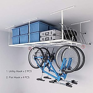 FLEXIMOUNTS 4x8 Overhead Garage Storage Rack w/Hooks Adjustable Ceiling Storage Racks, 96" Length x 48" Width x 40" Height, 22''-40" Ceiling Dropdown, White