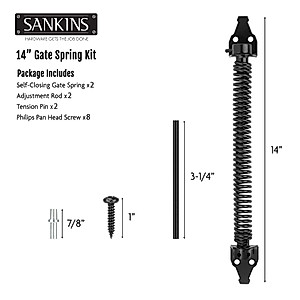 SANKINS 14" Gate Spring Self Closing Heavy Duty Outdoor Door Spring Automatic Metal Gate Closure Hardware with Adjustable Tool for Wooden and Vinyl Fence, Black, 2 Pcs