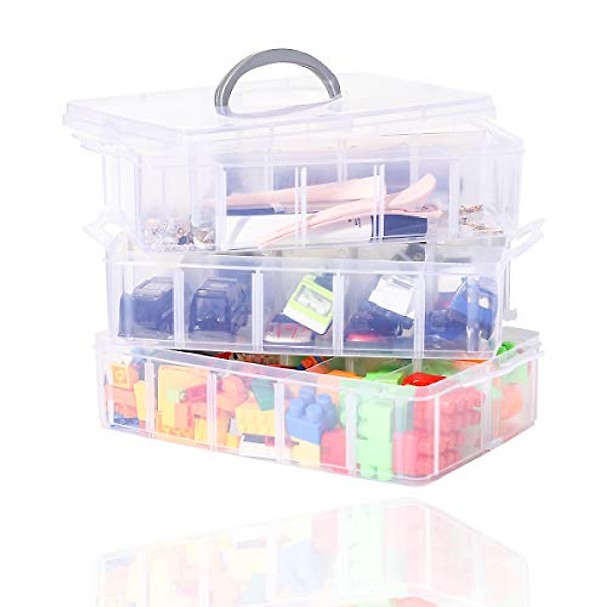 Flower River 3-Tier Stackable Storage Container Box with 30 Compartments(Adjustable ), Plastic Organizer Box for Arts and Crafts ,Toys,Jewelry,Sewing,Beads,Washi Tapes,10.2 x 6.7 x 7.5 inch