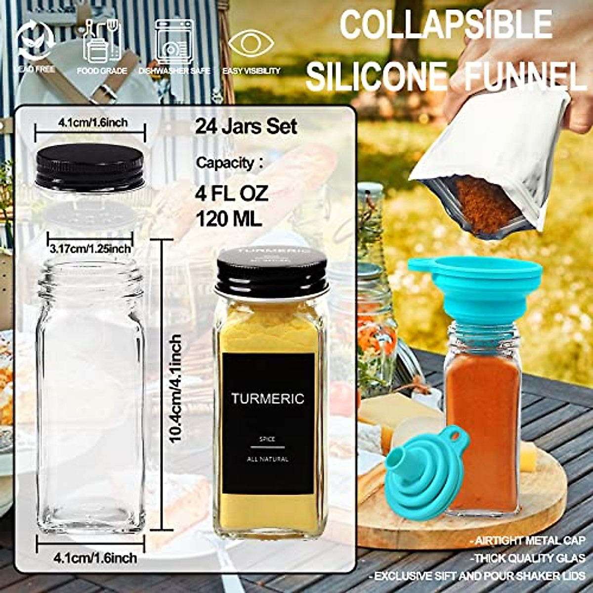 AISIPRIN 24 Pcs Glass Spice Jars with 398 Labels, 4oz Empty Square Containers Seasoning Bottles - Shaker Lids, Funnel, Brush and Marker Included(Black Metal Caps)