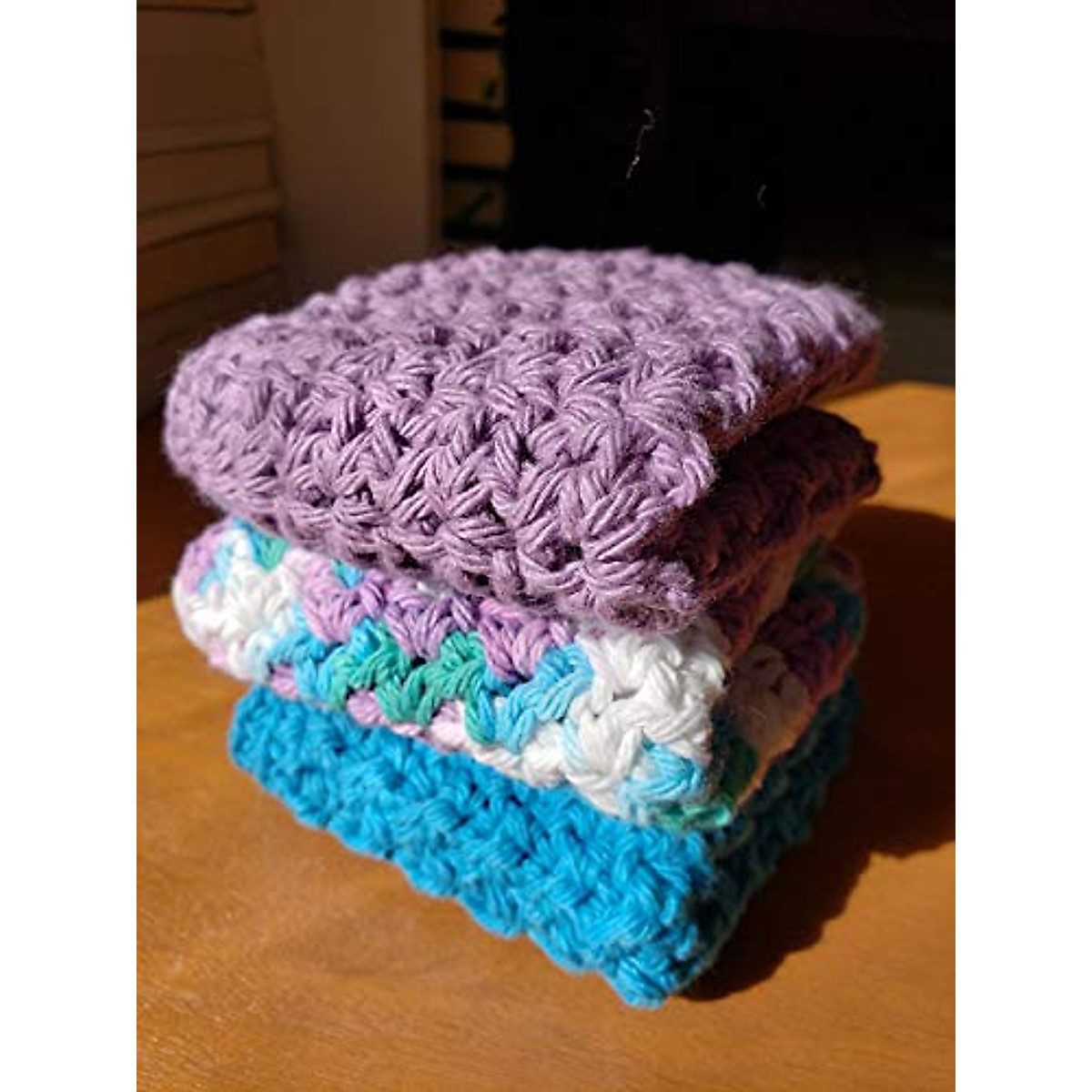 Handmade crochet washcloths, dishcloths,100% cotton set of 3 (Hot blue, purple and beach ball blue colors) * thick and dense*